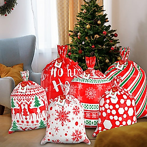 Large Christmas Gift Bag for Christmas Presents- 6Pcs Jumbo Plastic Christmas Red and White Gift Bags with Gift Tags and Ribbon for Christmas Big Gift Wrapping Holiday Goody Bag Party Favor Supplies
