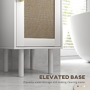 HOMCOM Tall Bathroom Storage Cabinet with Rattan Doors, Freestanding Bathroom Cabinet with Open Shelf, Drawer, Cabinets and Adjustable Shelves for Small Space, White