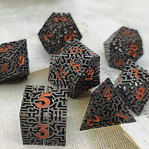 DND Metal Hollow Dice 7 Piece Set - (Free Metal Box) Maze Polyhedron Dice Suitable for Board Game RPG Math Teaching Warhammer MTG Game Dice （Pearl Gun）