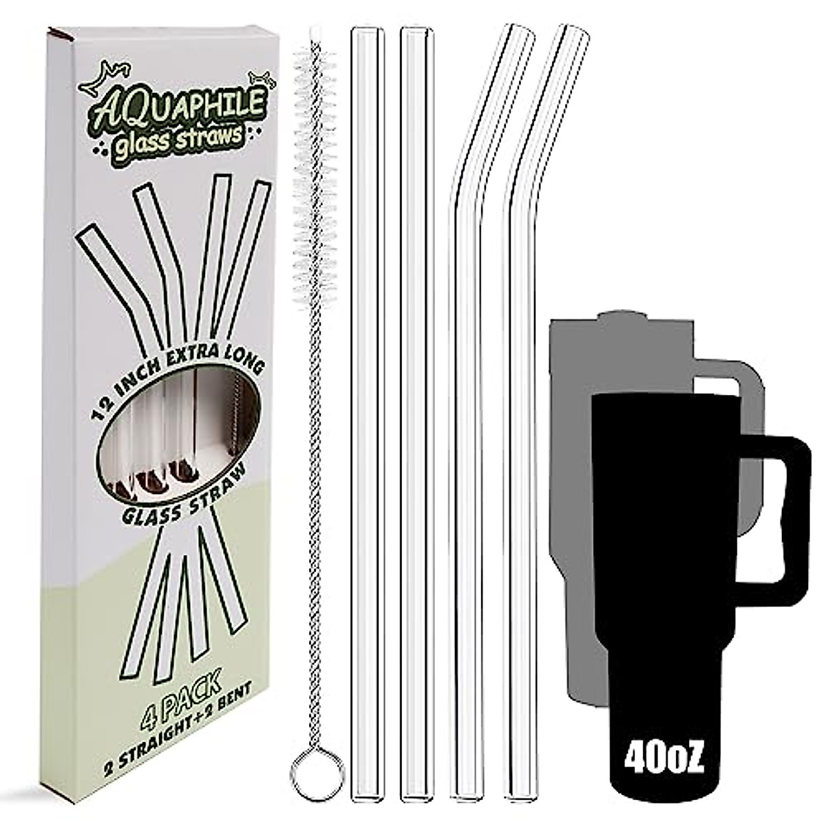 Reusable Glass Straws, Replacement Straws Compatible with 40 oz Stanley Tumbler, 4 pack Wide Straws with Cleaning Brush for Smoothies, Long Straws for Stanley Cup Accesspries, Dishwasher Safe