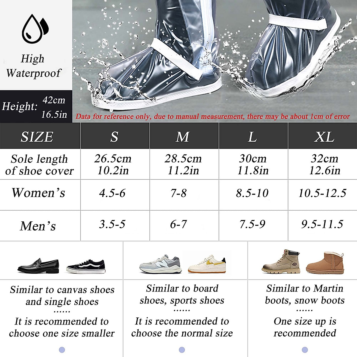 SooGree Waterproof Rain Shoe Covers Men Reusable Foldable Rain Snow Boot Shoe Covers with Reflector Non Slip Shoe Protector for Raining Day,Cycling,Gardening,Fishing,Hiking, Farming (Transparent, M)