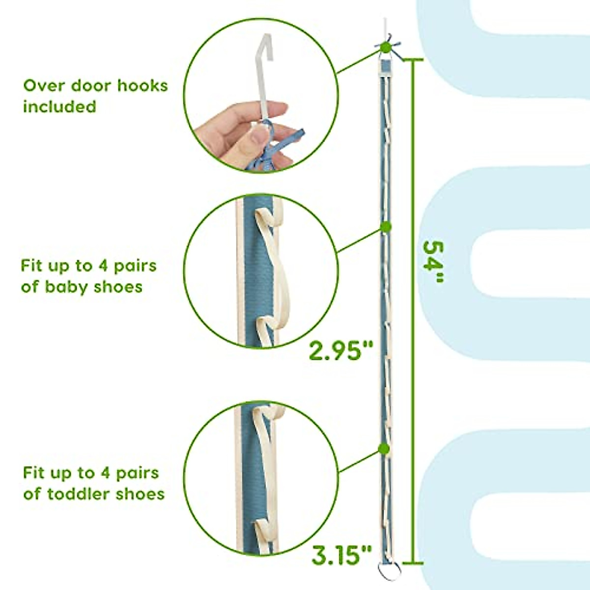 Unjumbly Over Door Toddlers & Baby Shoe Organizer, Fits 8 Pairs in 16 Compartments, 54.3 inches - Easy Hanging Overdoor Hook Wall Storage, Nylon Material, Toddler Room Décor
