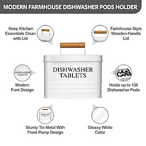 Calindiana Modern Farmhouse Metal Dishwasher Pods Container Holder with Lid for Kitchen Organization and Storage, Kitchen Essentials Decor Accessories, White