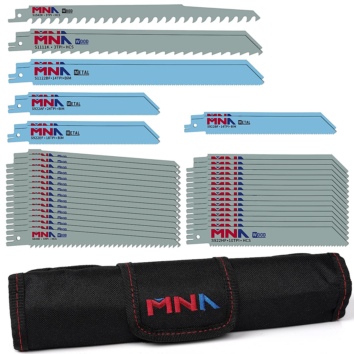 MNA Reciprocating Saw Blade Set 42 Piece, Wood & Metal Cutting, Pruner Sawzall Blade, Household Value Saw Blade Pack with Pouch
