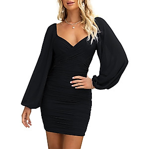 ANRABESS Women's Sexy V Neck Ruched Bodycon Mini Dress Puff Long Sleeve Cocktail Wedding Guest Formal Party Short Dresses Black Small
