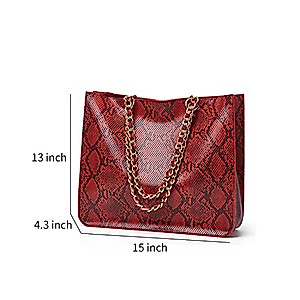 Oichy Leather Tote Bag for Women Large Purses and Handbags Snakeskin Pattern Shoulder Bag Ladies Purse with Chain Strap (Red)