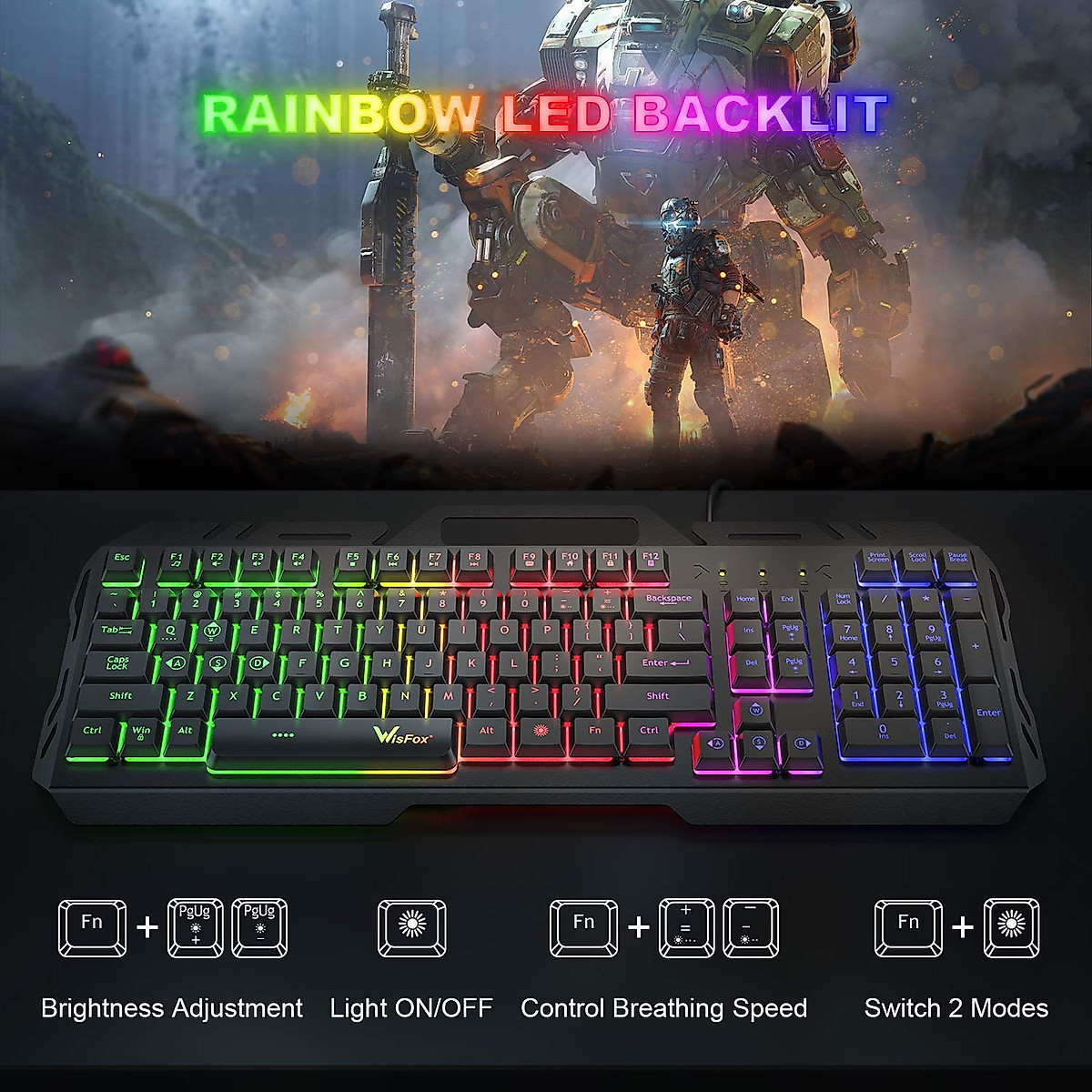 Gaming Keyboard, WisFox Colorful Rainbow LED Backlit Wired Computer Gaming Keyboard with 104 Keys, USB Wired Keyboard and Spill-Resistant for Windows PC Gamers Desktop PS4 (Renewed)