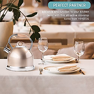 Tea Kettle - HIHUOS 3.17QT Whistling Tea Pots for Stove Top - Sleek Stainless Steel Stovetop Kettle, Easy-grip Handle With Trigger Opening Mechanism, 1 Free Silicone Pinch Mitt Included (Champagne)
