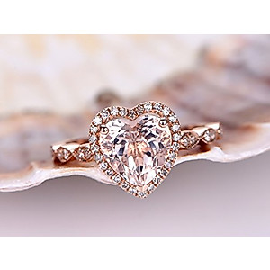 8mm Heart Shaped Cut Pink Morganite 14k Rose Gold Diamond Halo Marquise Engagement Ring Wedding Band