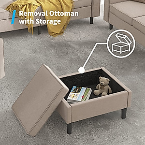 Mjkone 3 Pcs Sectional Sofa Couch Set with Solid Wooden Legs, Modern Couch Sets with Storage Ottoman, Sofa and Loveseat Set with 8 Side Pockets, Living Room Furniture Set for Living Room (Beige)