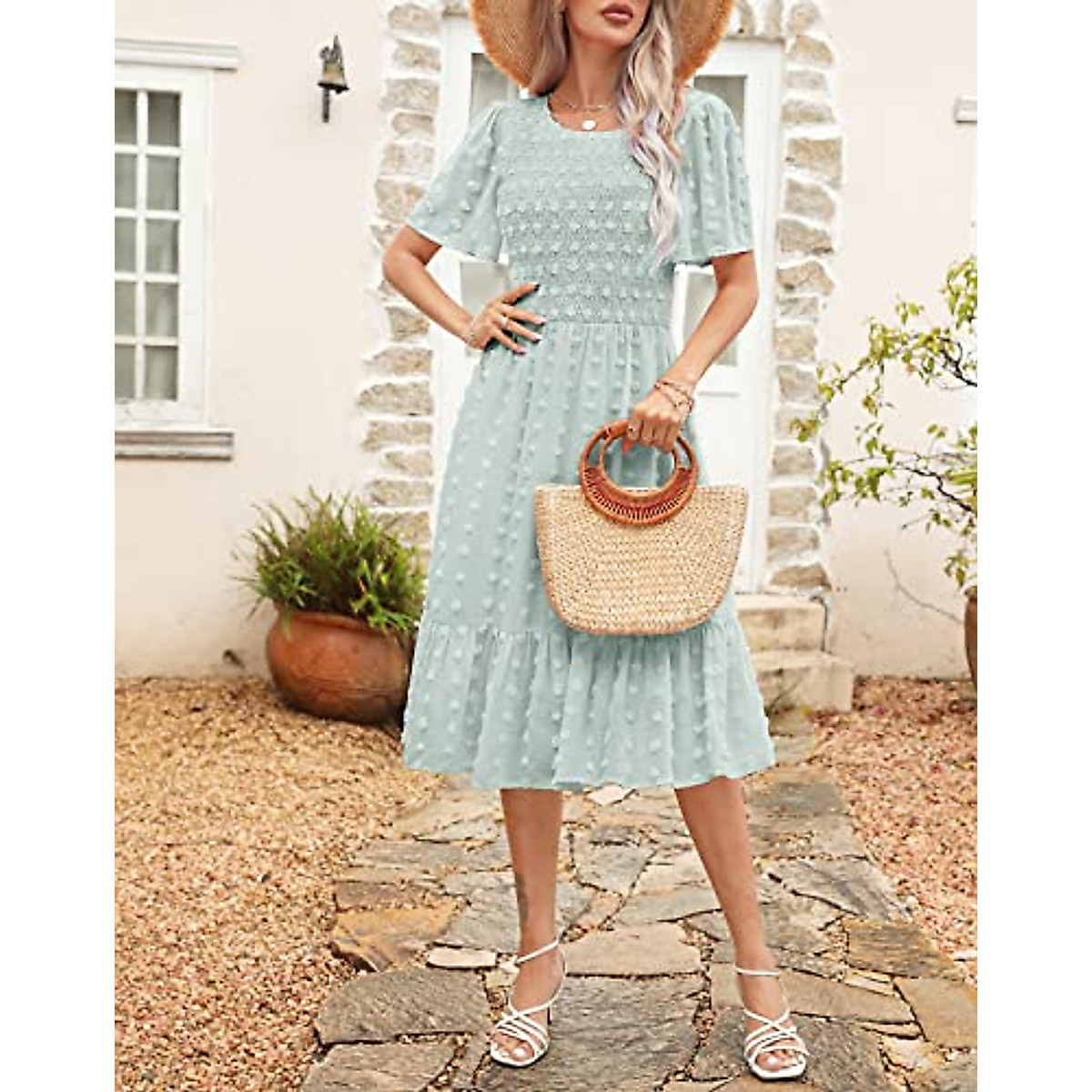 Annebouti Womens Summer Dress 2023 Flutter Short Sleeve Casual Modest Cute Swing Flowy Chiffon Swiss Dot Smocked Midi Dress Solid Light Green L