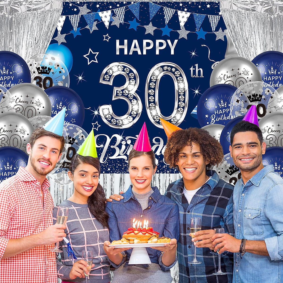 30th Birthday Decorations for Men and Women, 131 PCS Navy Blue Silver 30th Birthday Party Supplies Includes Blue Happy 30th Birthday Banner Balloons Napkins Cups Tablecloth Plates Foil Backdrops for