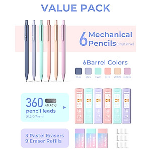 Nicpro 6PCS Pastel Mechanical Pencil Set, Cute Mechanical Pencils 0.5 & 0.7 mm with 6 Tubes HB Lead Refill, 3PCS Eraser and 9PCS Eraser Refill for Student Writing, Drawing, Sketching- with Cute Case