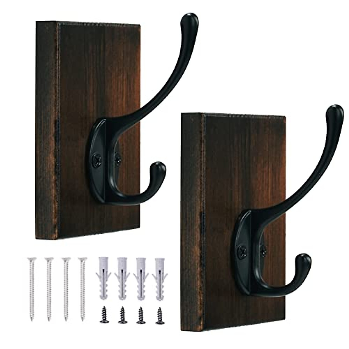 OLBET Rustic Farmhouse Towel Hook for Bathroom Wall Mounted - Rustic Wall Hooks for Hanging Coats - 2 Pack - Retro Iron Wood Hooks - Classical Heavy Duty Hangers for Your House - Weathered Brown
