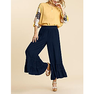 Mundoven Flowy Palazzo Linen Pants for Women Elastic High Waisted Wide Leg Ruffle Ruched Loose Beach Trousers (0004-Blue-XL)