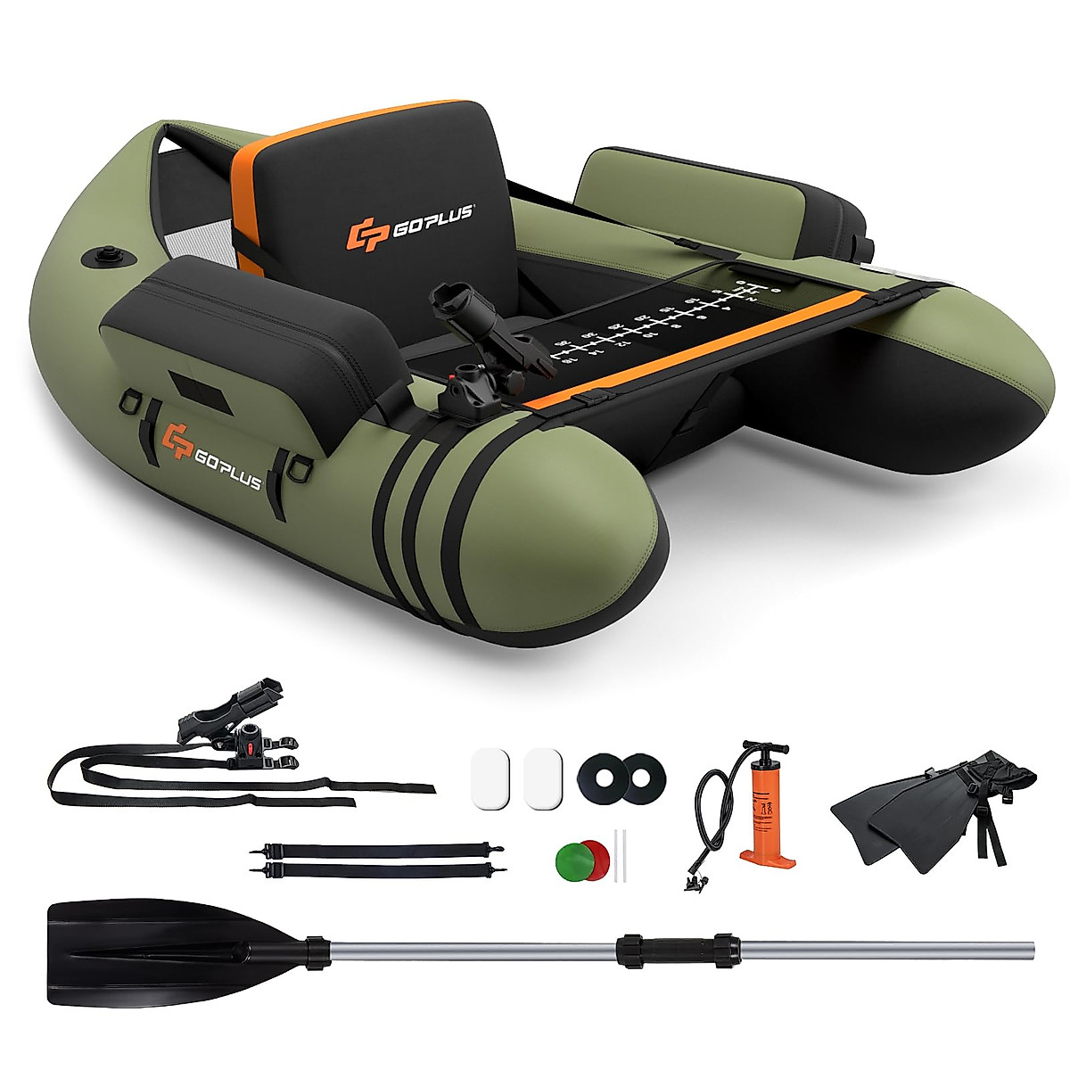Goplus Inflatable Float Tube, Fishing Belly Boat w/Paddle, Flippers, Fish Ruler, Pump, Storage Bag, Adjustable Straps, 350LBS Load Capacity (Green, W/Rod Holder)