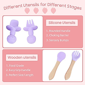 Silicone Baby Feeding Set, Baby Led Weaning Supplies with Suction Bowl Divided Plate, Self Feeding Spoons Forks Sippy Cup Adjustable Bib, Eating Utensils for 6+ Months (Grey Purple)