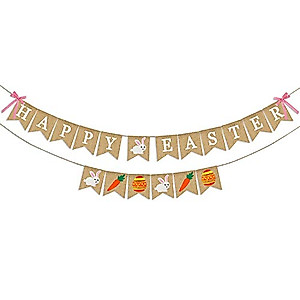 Happy Easter Banner Burlap - Rustic Easter Decorations - Easter Bunny Banner for Mantle Fireplace - Spring Easter Party Decorations Supplies - Easter Home Office School Outdoor & Indoor Hanging Decor