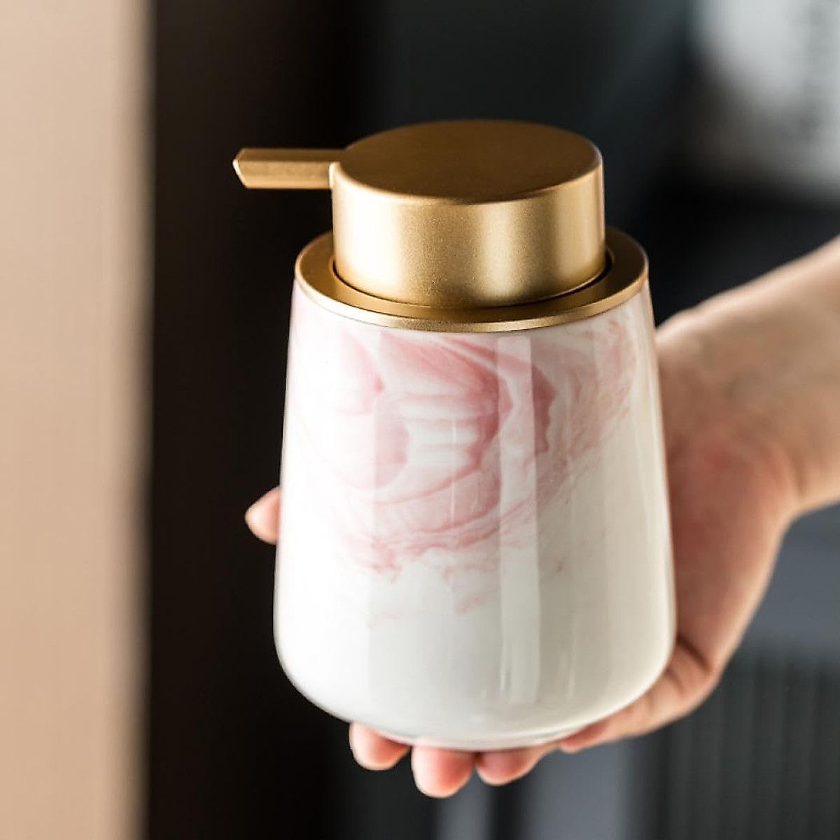 MEIGLQEA Foaming Soap Dispenser, 380ml Gray Pink Ceramic Bathroom Foam Hand Soap Dispenser, Refillable Foaming Pump Dispenser, Foaming Dish Soap Dispenser for Kitchen (Pink)