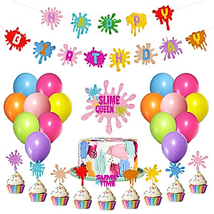 Slime Birthday Party Decorations Kit - Slime Queen Cake Topper Birthday Banner Cupcake Toppers Colorful Balloons for Kids Slime Party Baby Shower Party Supplies