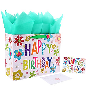 13" Large Gift Bag Set with Greeting Card and Green Tissue Paper(Colorful ‘Happy Birthday’) for Baby Shower,Kids Birthday Party,Newborn,New Moms or Parents, and More- 13”x5.2”x10.2”, 1 Pcs