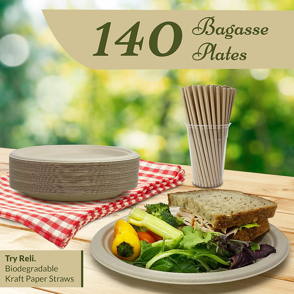 Reli. Compostable Paper Plates 9 Inch (140 Pack Bulk) | Brown Disposable Plates 9" | Heavy Duty Paper Plates, Eco-Friendly | Made of Sugarcane Fibers/Bagasse - Biodegradable | Microwavable (Natural)