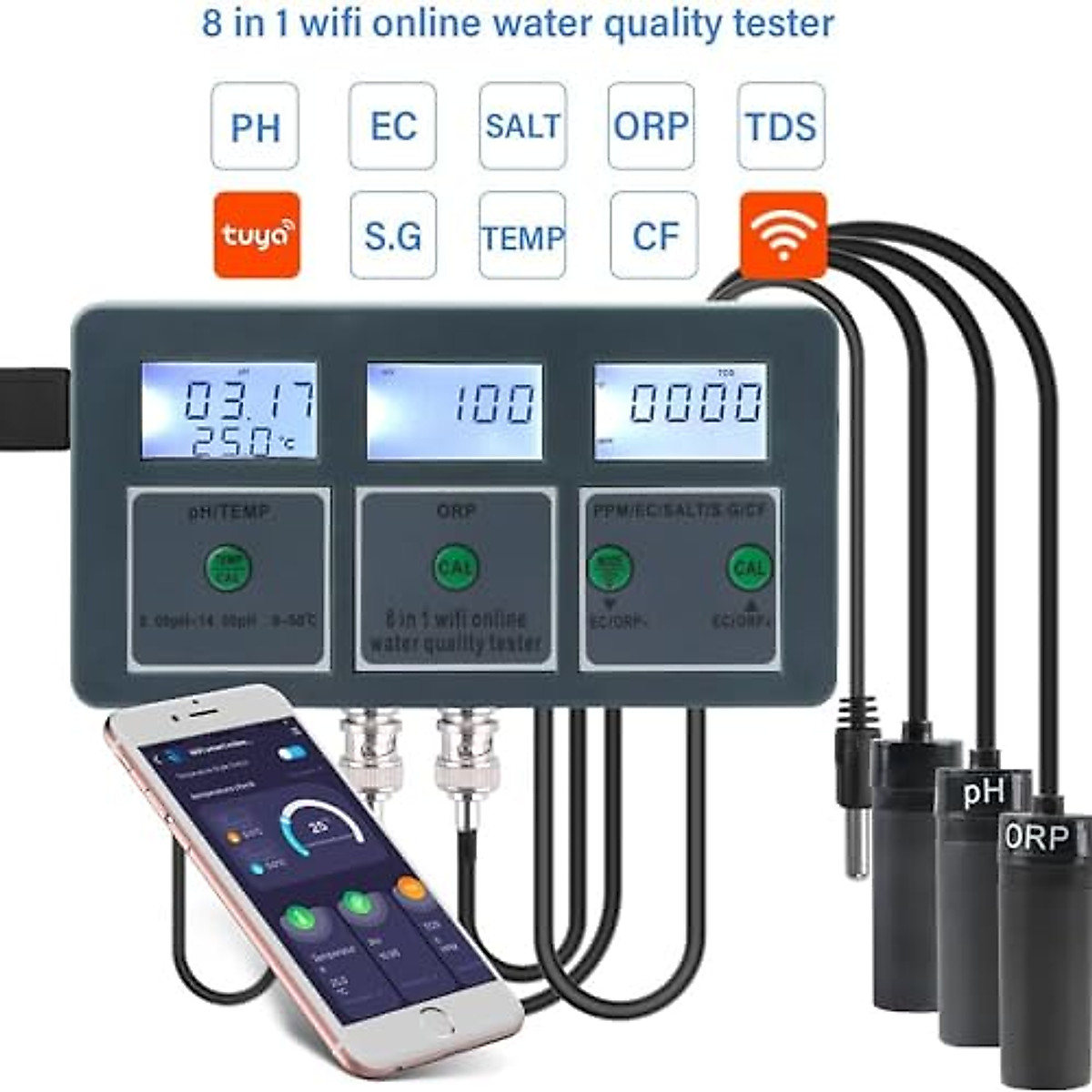 Kadxyan 8 in 1 Water Quality Tester, PH/EC/TDS/Salt/S.G/CF/ORP/Temperature Water Quality Monitor, Tuya WiFi Smart Wall-Mounted Water Detector for Fish Tank, Aquarium, Sea Water, Swimming Pool