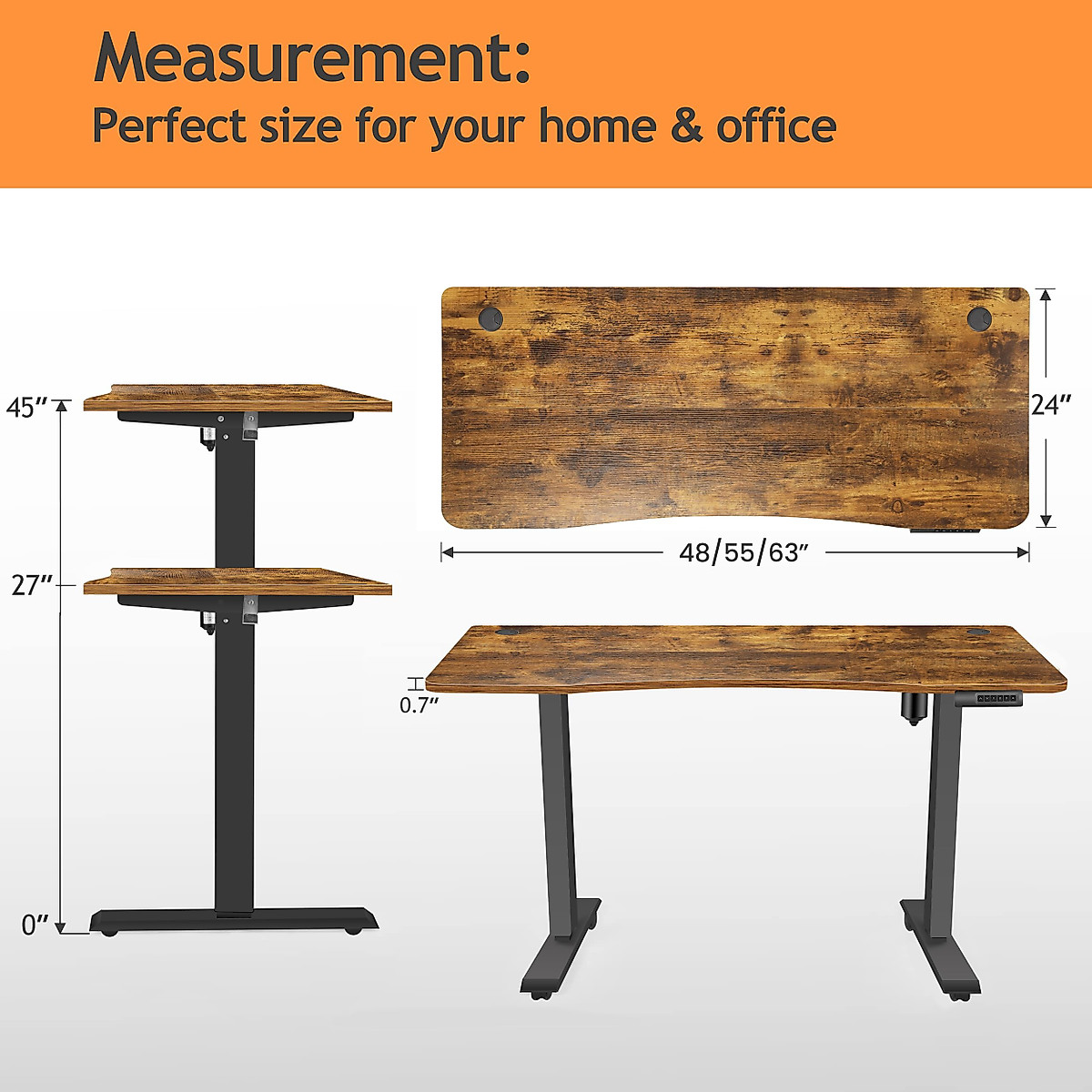 Legooin Electric Standing Adjustable Height Desk 55'' x 24''Sit Stand Desk with Double Crossbeam Structure, 27''-45'' Lifting Range Stand up Desk(Brown Arc)