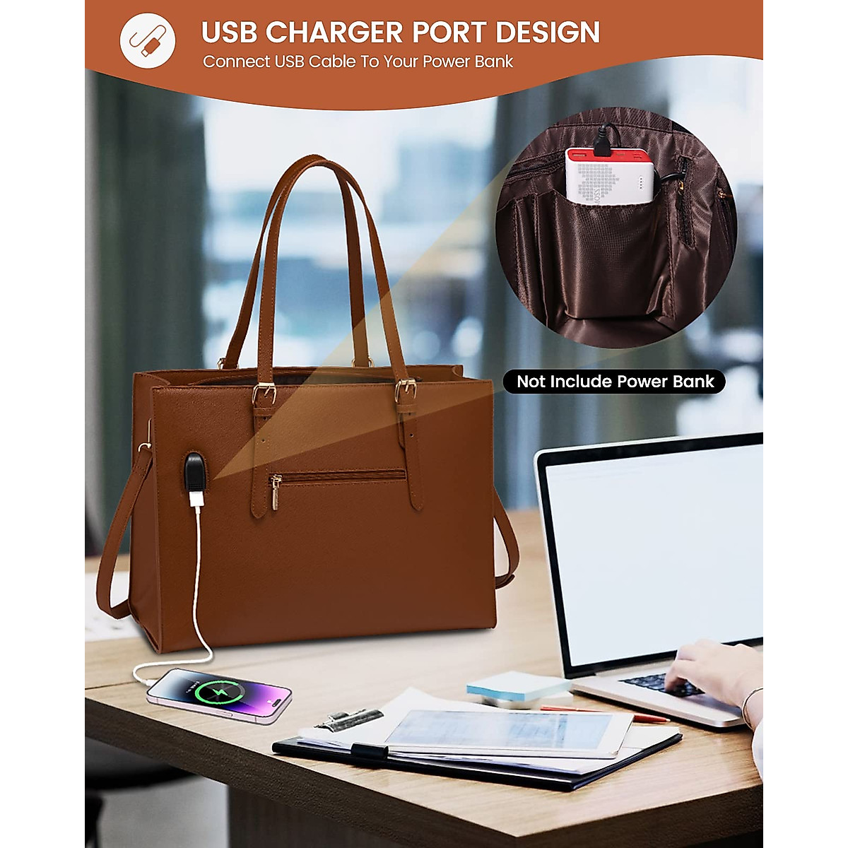 LOVEVOOK Laptop Bag for Women, 15.6 Inch Large Waterproof PU Leather Computer Tote Bag for Work Business Office Travel with USB Charging Port, Fashion Waterproof Shoulder Bag Handbag Purse, Brown