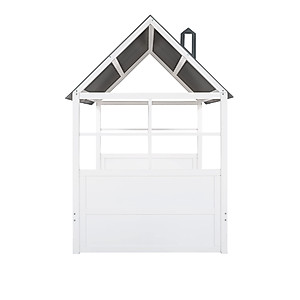 BIADNBZ Full Size House Bed with Twin Trundle, Wooden Platform BedFrame Daybed w/Roof&Window for Kids Boys Girls Bedroom, White+Gray