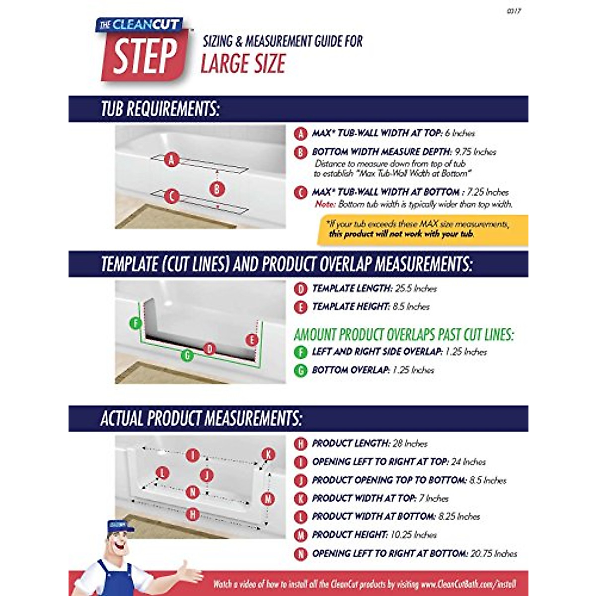 CleanCut Step Bathtub Accessibility Kit - Convert Existing Tub to Step-In Shower (White, Size Large)