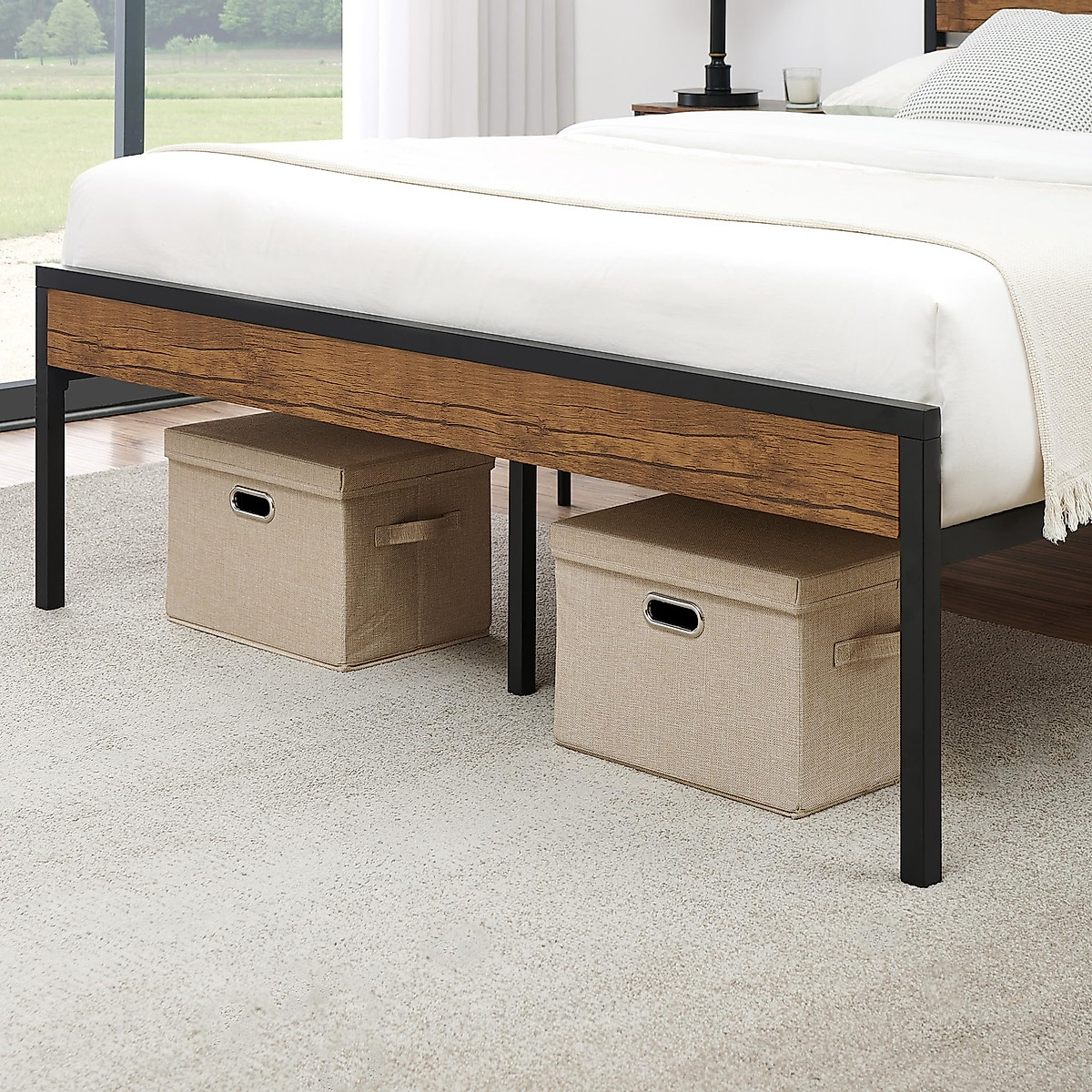 GAOMON Queen Bed Frame with Wood Headboard and Metal Slats, Mattress Foundation No Box Spring Needed Easy to Assemble Non-Shaking and Non-Noise (Queen)