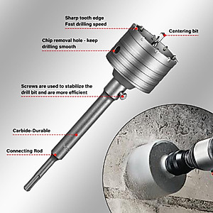 SALI Concrete Hole Saw Kits 4-1/8"（105mm） Tungsten Steel Wall Hole Cutter Drill Bit Sets with 220mm SDS Plus Shank Connecting Rod，110mm Center Positioning Drill Bits for Cinder Block,Brick,Adobe Wall
