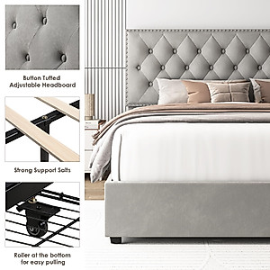 HOSTACK King Size Bed Frame with 4 Storage Drawers, Modern Upholstered Platform Bed with Adjustable Headboard,Button Tufted Bed Frame with Wood Slat Support,No Box Spring Needed(Grey, King)