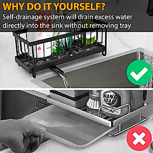 KSEV Sink Caddy with Adjustable Auto Spout Drain Pan, (Stainless Steel Rustproof) Kitchen Countertop Sink Organizer Rack Storage Holder with Divider for Countertop Sponge Soap Brush Dispenser (Black)