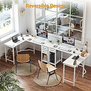 CubiCubi L-Shaped Computer Desk 59.1" with 2 Drawers and Shelves for Storage, Larger Gaming Corner Desk Workstation, Home Office Sturdy Writing Table, Space-Saving, Easy to Assemble, White