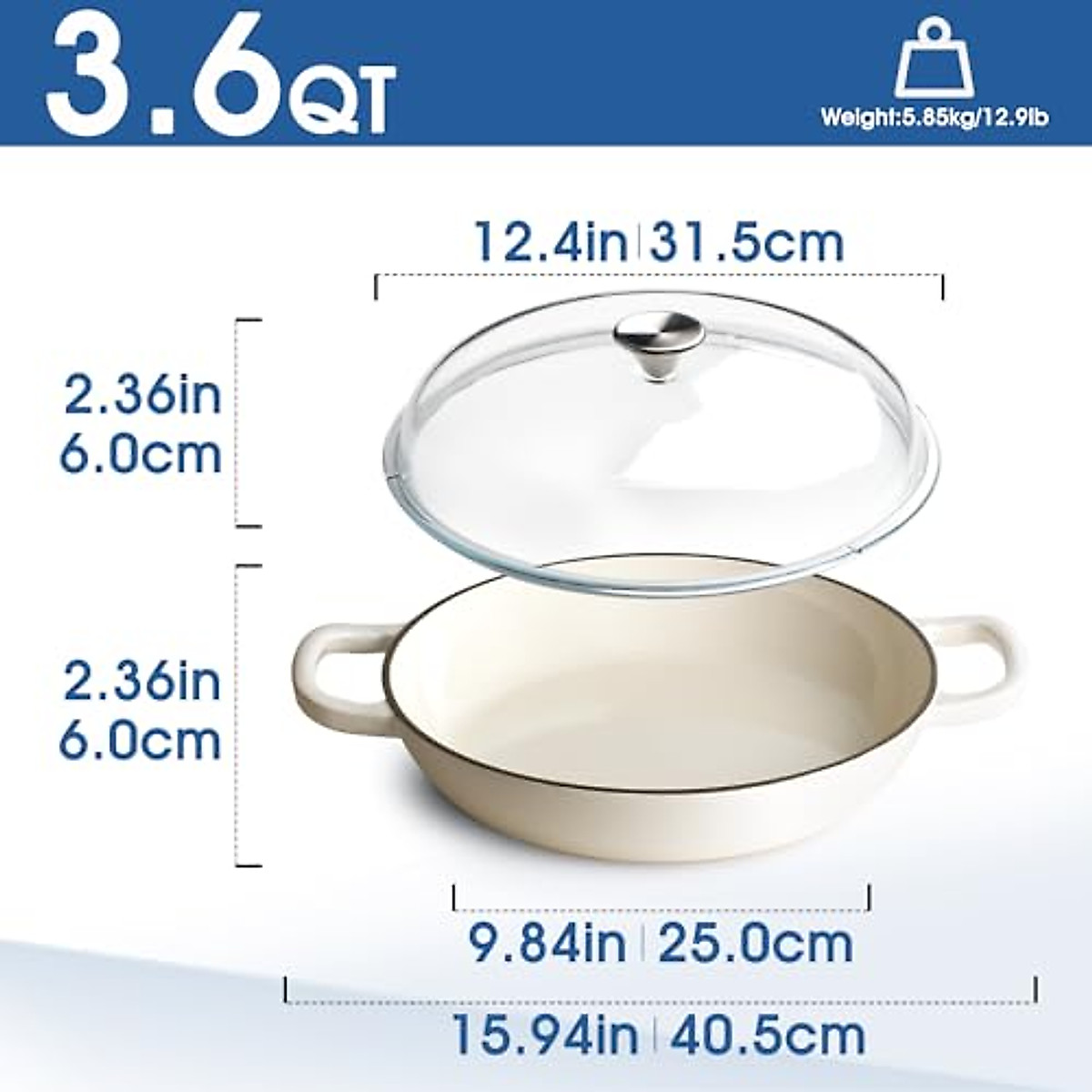 NUTRIUPS 3.6 Quart Braiser Enameled Cast Iron Dutch Oven Pot with High Borosilicate Glass Lid, Dutch Oven/Casserole Cast Iron Non Stick Larger Handle (Beige + White)