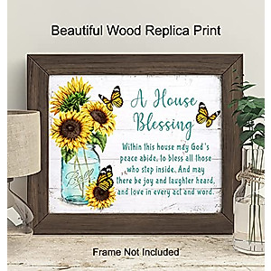 House Blessing - Religious Housewarming Gifts for Women - Christian Wall Art - Rustic Country Sunflower Butterfly Wall Decor - Blessed Wall Art - Inspirational Wall Decor - Bible Verses Wall Decor