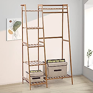 Bamboo Garment Rack with Shelves, Storage Box Set Included, Clothing Racks with Hooks, Clothes Rack Storage Organizer, Clothes Rack with Shelf, Space Saving Clothes Rack, Multifunctional Plant Rack