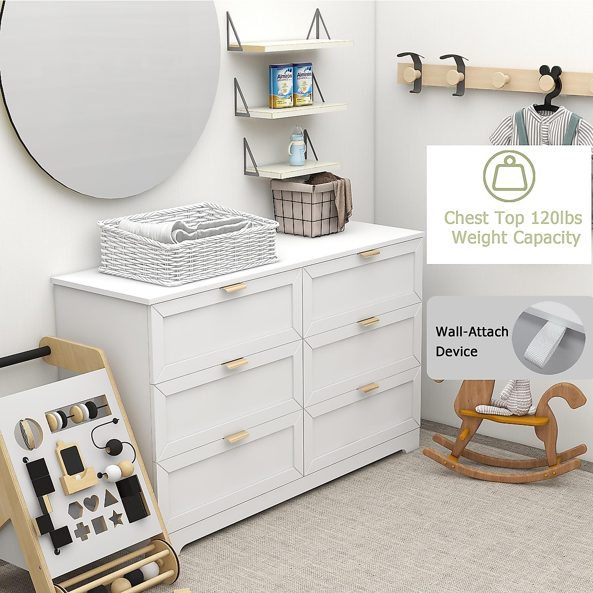 UYIHOME 6 Drawer Dresser for Bedroom, Modern Long Dresser Chest with Large Drawer, Wooden Chest of Dresser Storage Cabinet Organizer Unit for Living Room, Cloakroom, Entryway, Hallyway, White