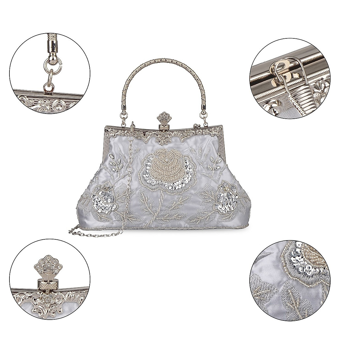 KISSCHIC Women's Handbag Vintage Rose Embroidered Beaded Sequin Evening Bag Wedding Party Clutch Purse (Silver)