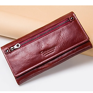 Contacts Women Real Leather Zipper Coin Clutch Purse Phone Wallet (Red)