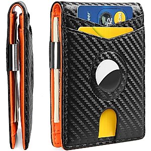 Huztencor AirTag Wallet, Mens Slim Wallet with Money Clip RFID Blocking Bifold Credit Card Holder Case for Apple Air Tag Carbon Fiber Black and Orange