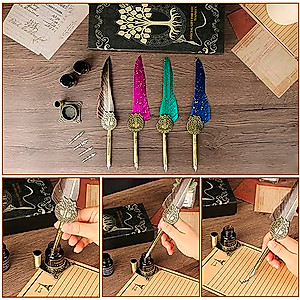 TIANREN Feather Pen and Ink Set,quill pen ink set,Antique Calligraphy Pen with 4 Replaceable Nibs,2 Bottle of ink,Pen Holder Christmas Gift for Men&Women.(Gray)