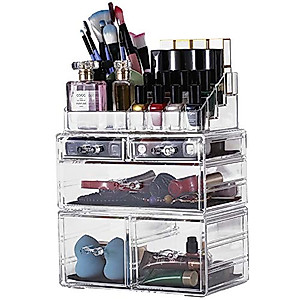 Sooyee Makeup Organizer,Acrylic Cosmetic Organizer Storage Drawers Jewelry and Cosmetic Display Cases Box(5 Drawers 7 Tiers) 3 Pieces Stackable,Clear