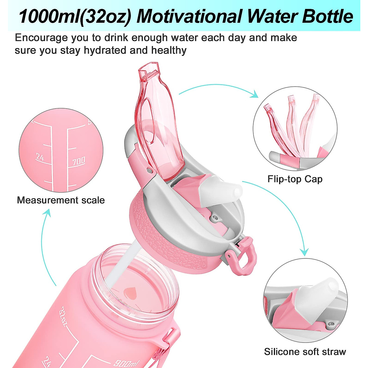 32OZ Motivational Fitness Sports Water Bottle with Straw & Time Maker, BPA-free, Tritan Plastic, Leak-proof Ensure you Stay Hydrated Throughout The Day for Gym, Outdoor Sports (Omber: Rose Serenity)