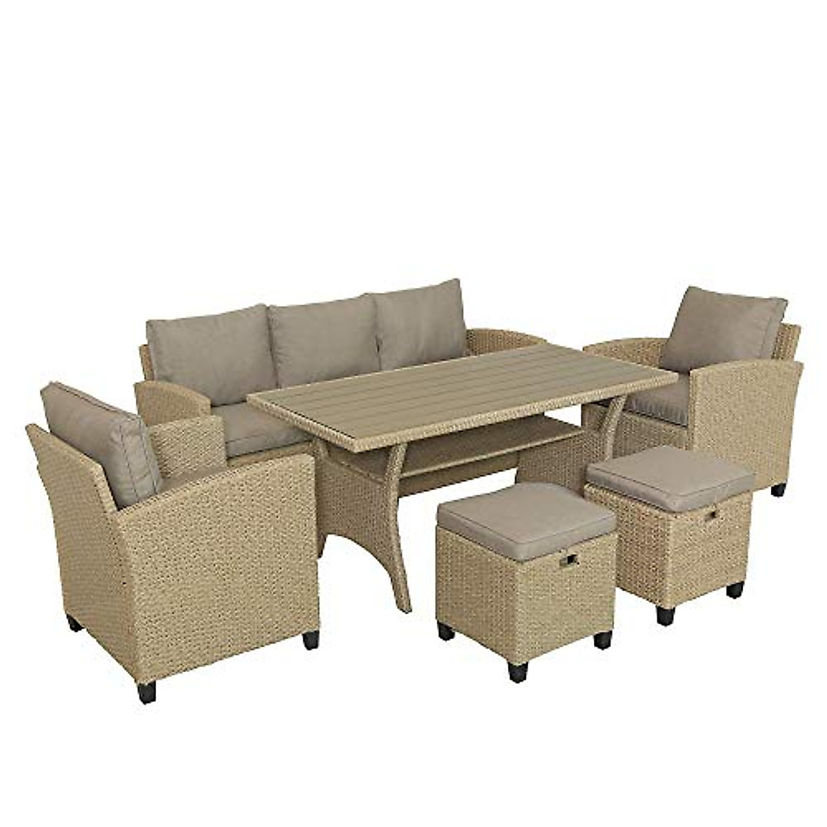 HHOK 6 Pieces Patio Furniture, Outdoor Sectional Sofa PE Rattan Table, Chair and Stools for Porch Lawn Garden Backyard, K-Brown Wicker Conversation Sets