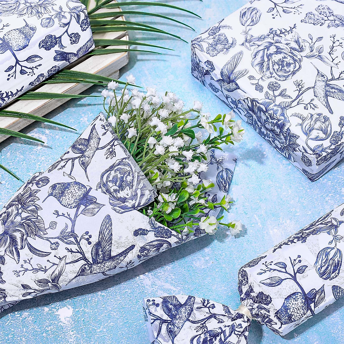 Whaline 100 Sheets Blue White Floral Tissue Paper Chinoiserie Flower Bird Gift Wrapping Paper DIY Art Craft Tissue Paper for Packaging Wedding Birthday Baby Shower, 13.7 x 19.6 Inch