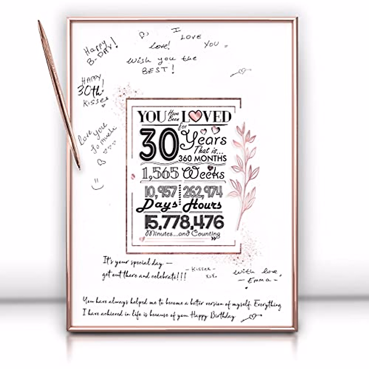DOUBLESHOOT Framed Rose Gold 30th Birthday Decorations Sign Poster for Women - 30 Birthday Gift 12"x16" Guest Party Favors Book Alternative – with Pen & Wall Hanger – Great 30 Years Old Gifts for Her