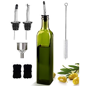 17oz Olive Oil Dispenser Bottle, 500ml Oil & Vinegar Cruet with 2 Stainless Steel Pourers, 2 Labels,1 Brush and 1 Funnel for Kitchen-Green
